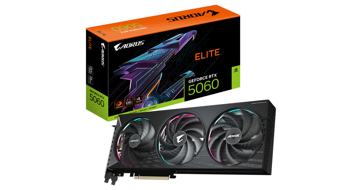 GIGABYTE AORUS GeForce RTX 5060 ELITE 8G Tarjeta Gráfica - 8GB GDDR7, 128bit, PCI-E 5.0, 2722 ...